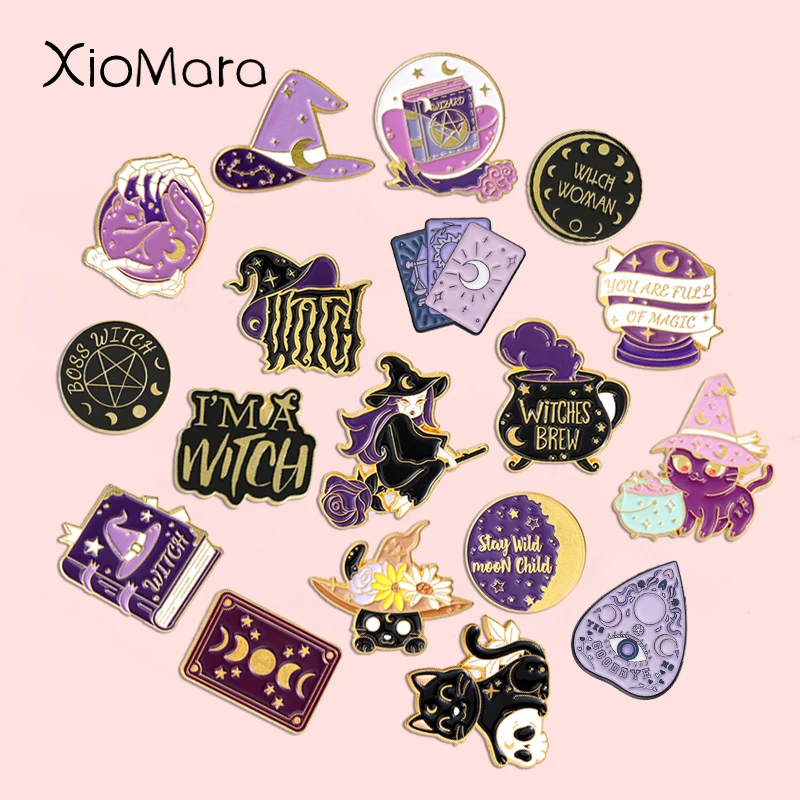 Witch-Magic-Book-Crystal-Ball-Enamel-Pins-Moon-Phase-Cat-Broom-Brew ...