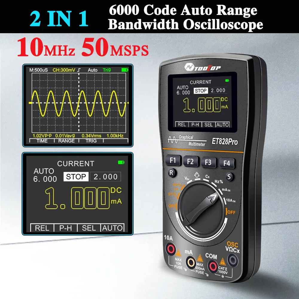 TOOLTOP ET828 Pro 50Msp/s 10MHz Handheld Digital Oscilloscope True RMS ...