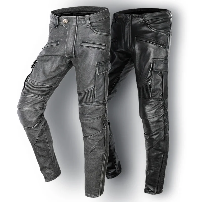 Riding Windproof Retro Motorcycle Leather Pants Vintage Grey Black ...
