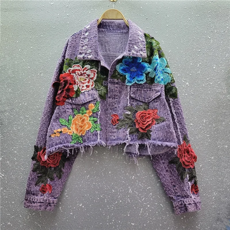 purple grinding hole denim jacket spring women casual lapel long sleeve ...