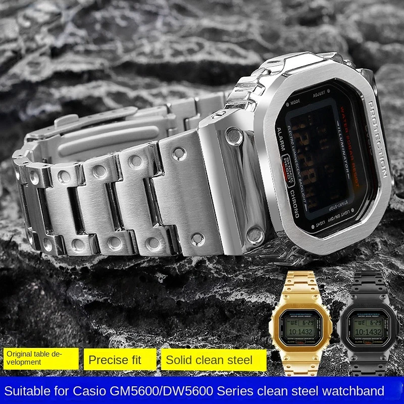 Men's Golden black Metal Watch Strap 16mm For Casio G-SHOCK GM-5600 ...