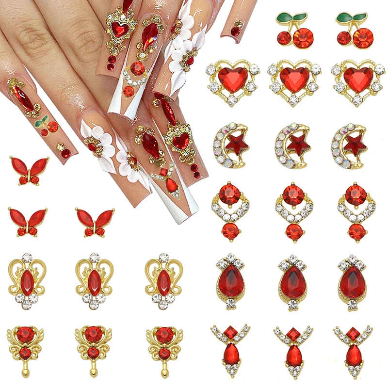 27pcs Set Gold Nail Charm Multi-style Red Gem Crystal Design Heart Moon ...