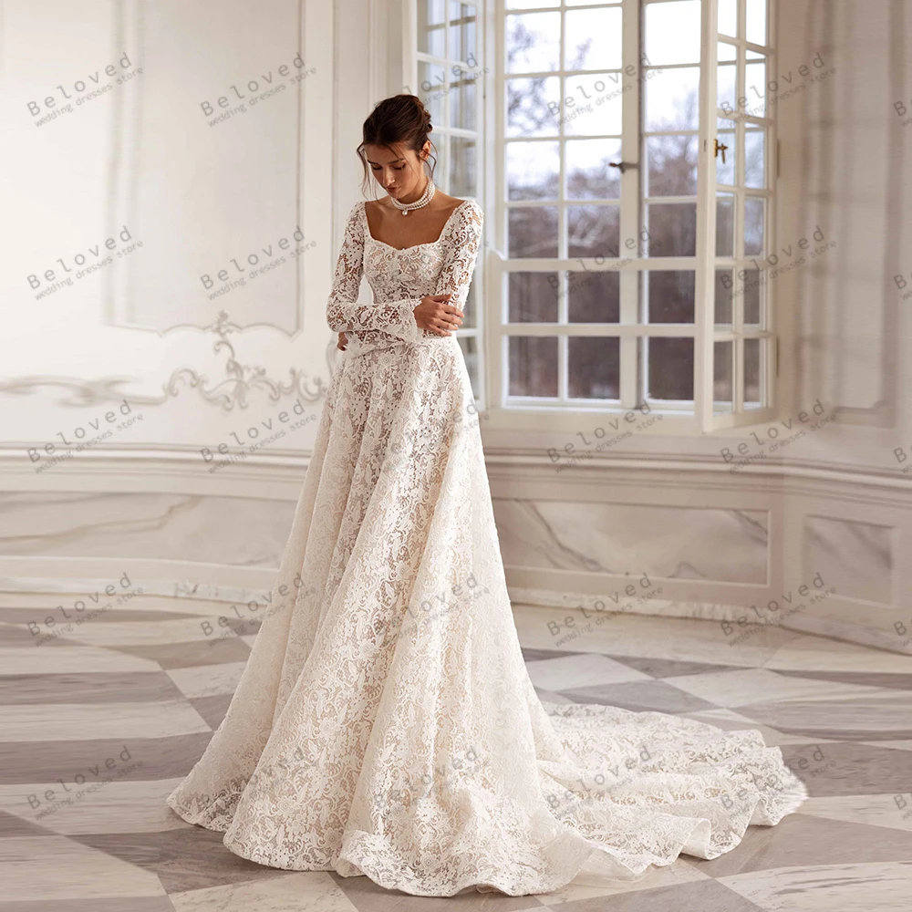 Elegant Wedding Dresses A Line Lace Bridal Gowns Full Sleeves Robes ...