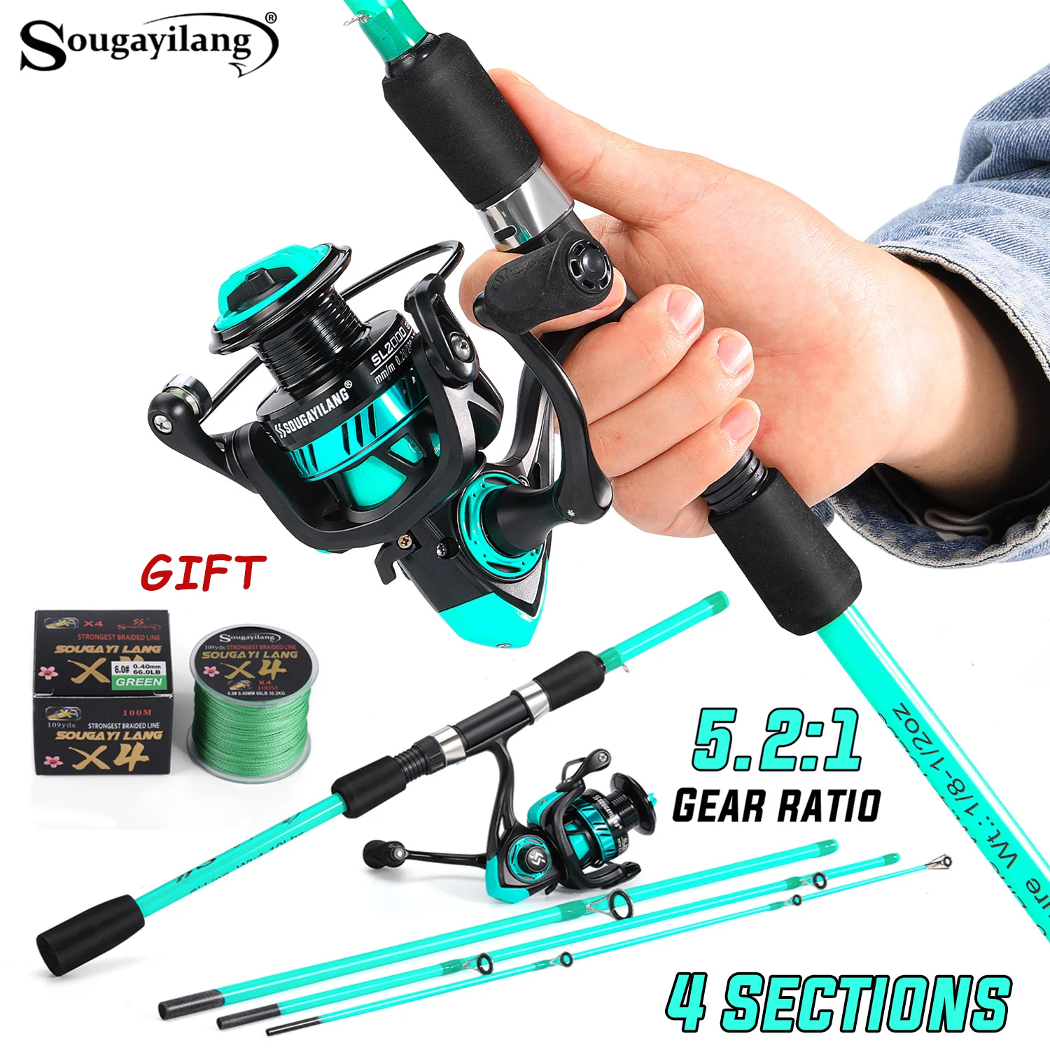 Sougayilang Portable Fishing Set Carbon Ultra Light Rod 5.2:1 Gear ...