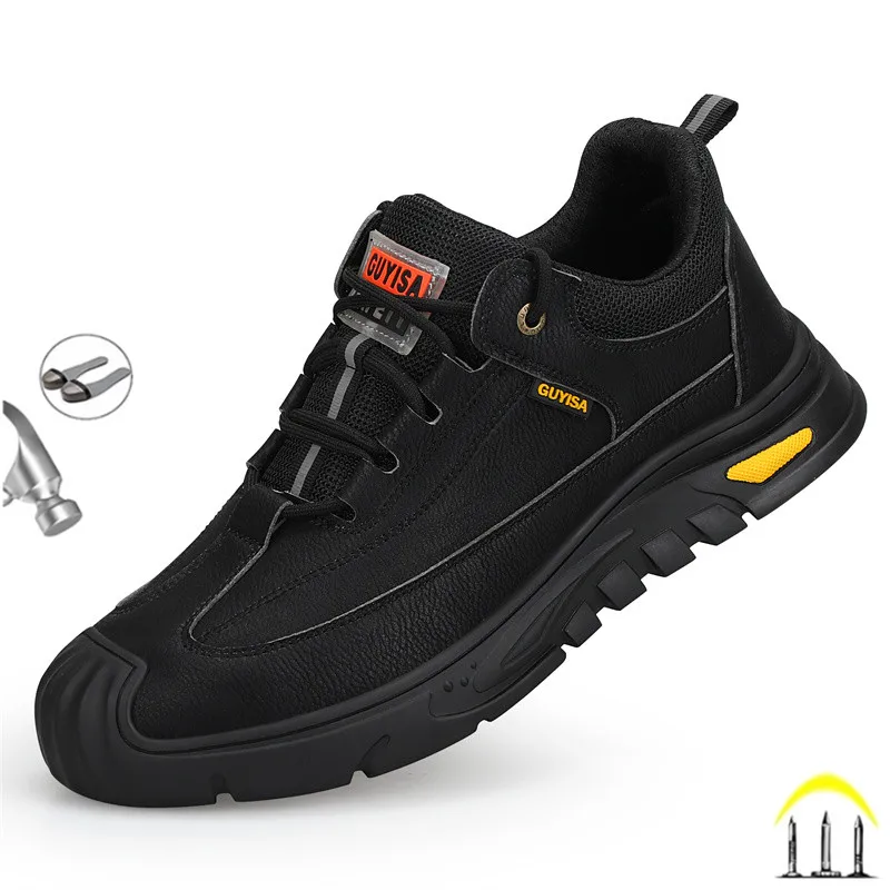 Black Leather Work Safety Shoes Waterproof Indestructible Steel Toe Cap ...