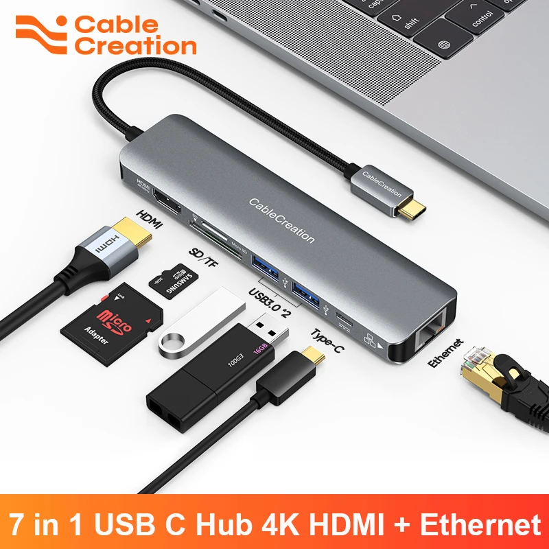 CableCreation USB Type C Hub HDMI 4K 60Hz 7 in 1 USB C Adapter RJ45 PD ...