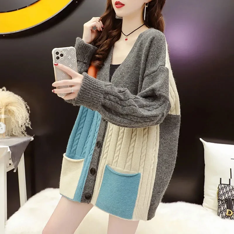 Thickened Color Blocking Sweater Cardigan Women 2022New Spring All ...