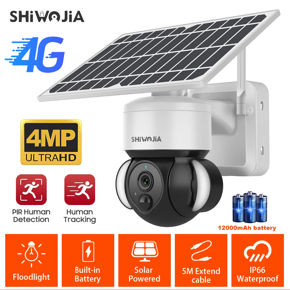 SHIWOJIA 4MP WIFI Solar Camera 4G Sim Card PIR Human Detection Solar ...