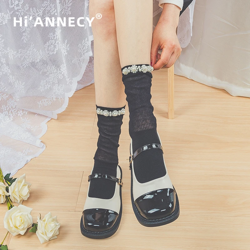 HIANNECY Original Lovely Lace Girl's Black Women‘s Pearl Socks JK Calf ...