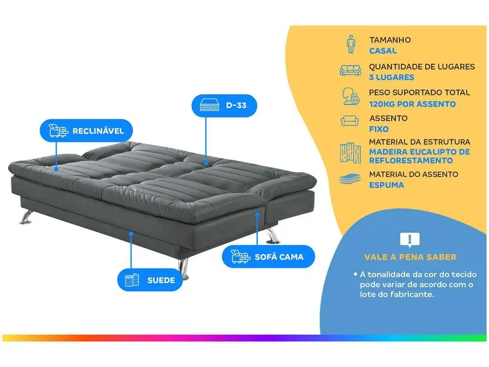 Sofá-cama Casal 3 Lugares Reclinável Maya – lojaskalejo