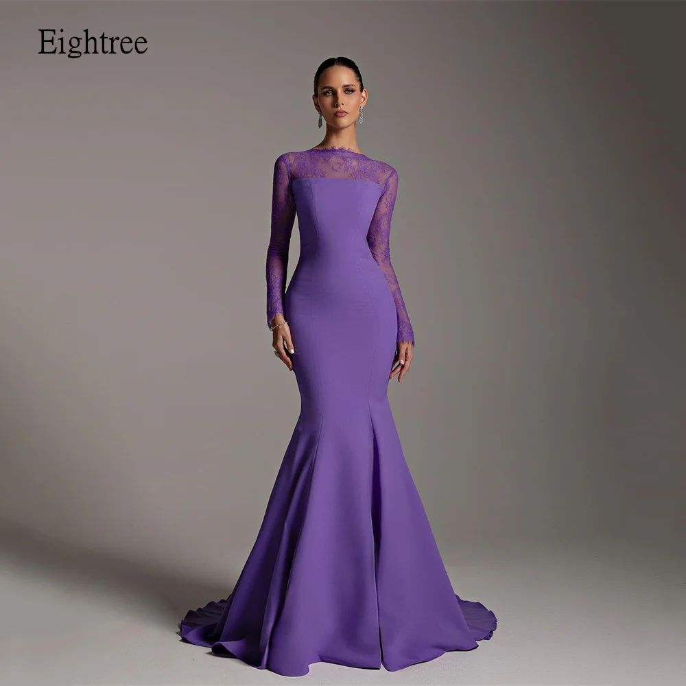 Eightree Sexy Purple Mermaid Evening Dresses Lace Long Sleeves Prom ...