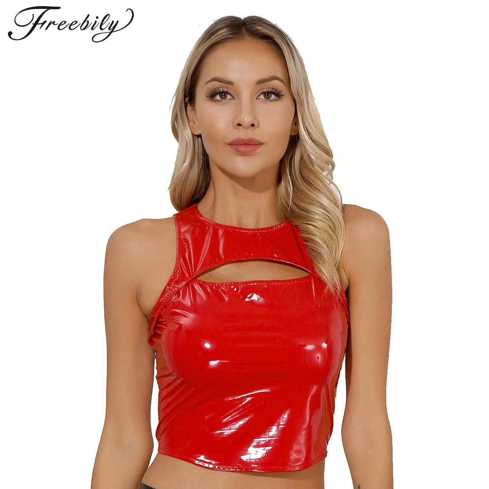 Womens-Sexy-Wet-Look-Patent-Leather-Skinny-Crop-Top-Sleeveless-Front ...