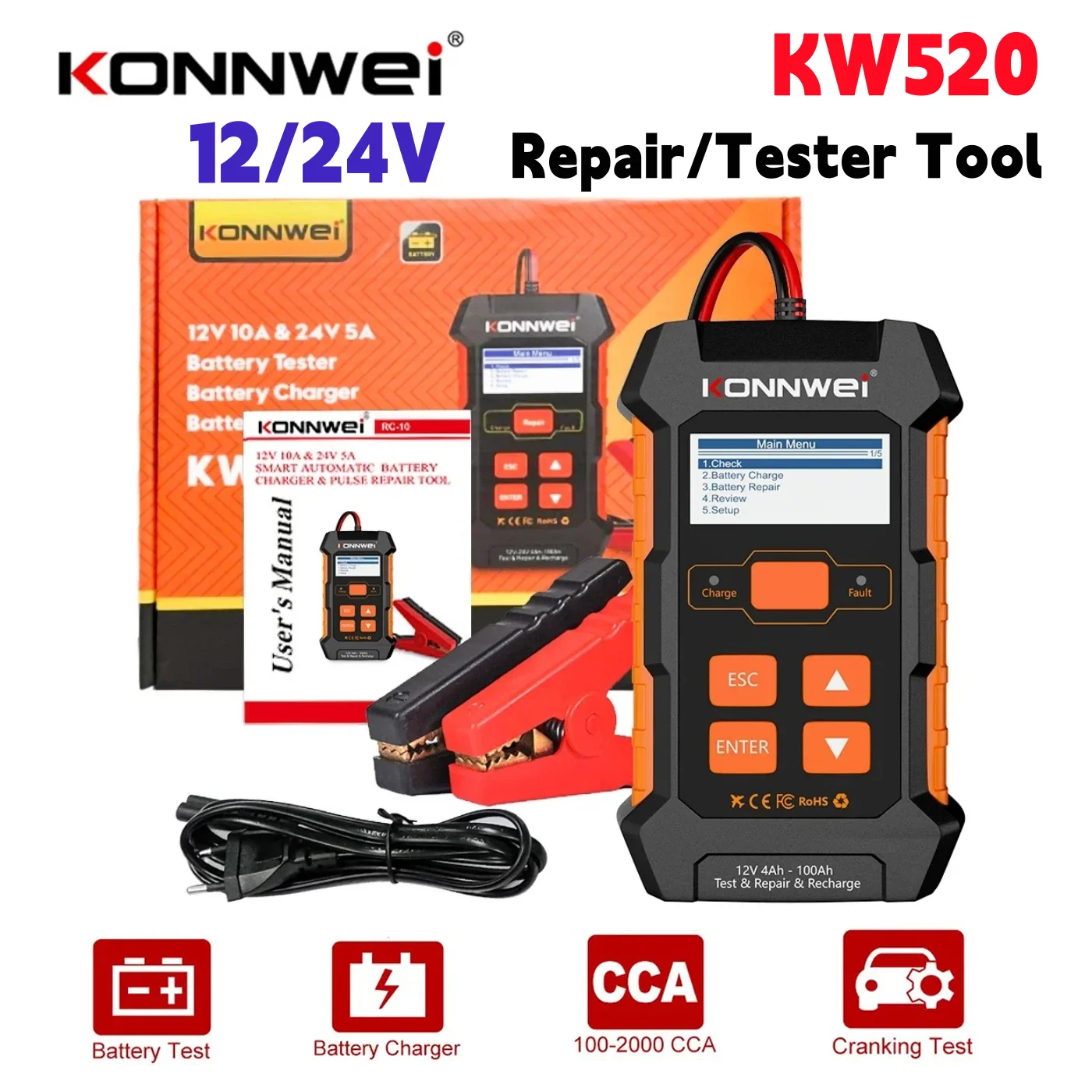 KONNWEI KW520 Full Car Automatic Battery Tester Repair Tool Truck Lead ...
