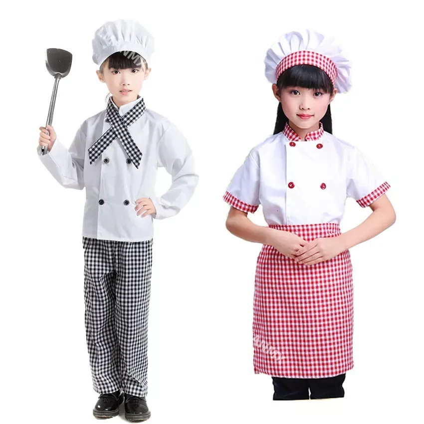 Kids Chef Jacket Plaid Trousers Cook Uniform Food Service Halloween ...