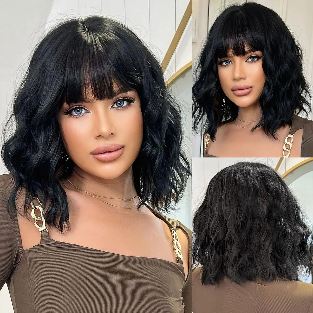 Short-Curly-Wavy-Bob-Pink-Wig-with-Bangs-Shoulder-Length-Synthetic-Hair ...