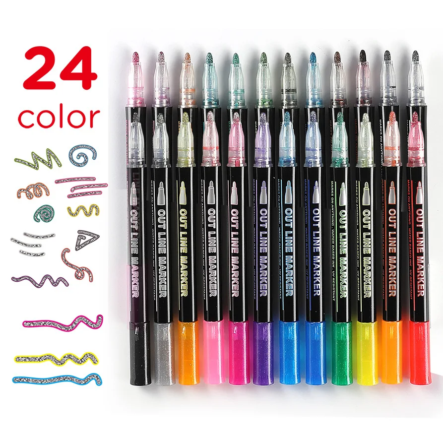 12-24-Color-Bold-Pearl-Light-Double-Line-Contour-Pen-Colour-Hand-Copy ...