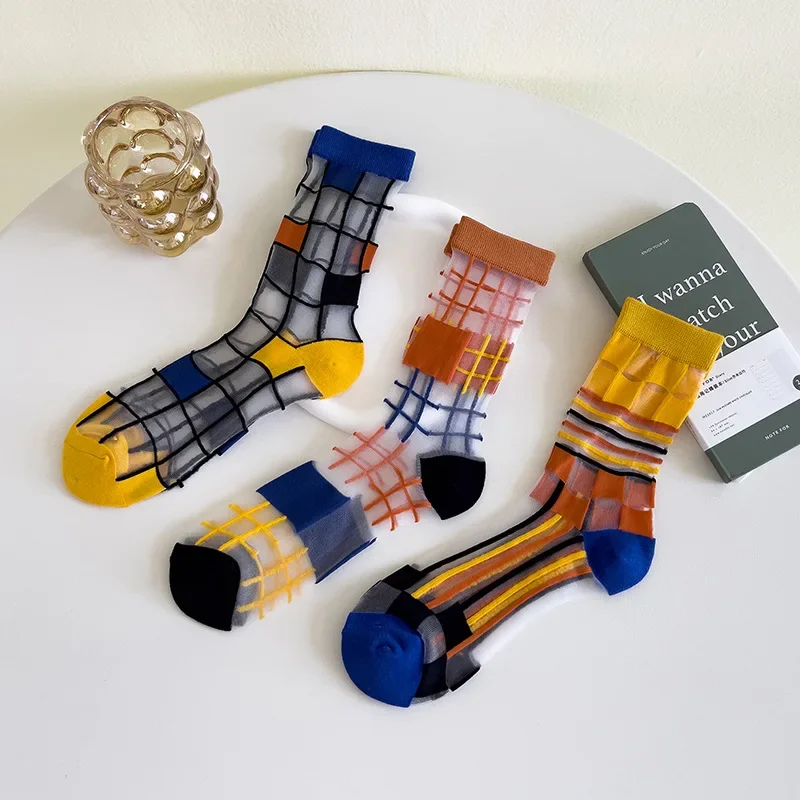 1 Pair Colorful Plaid Crystal Silk Socks Fashion Summer Ultra-thin ...