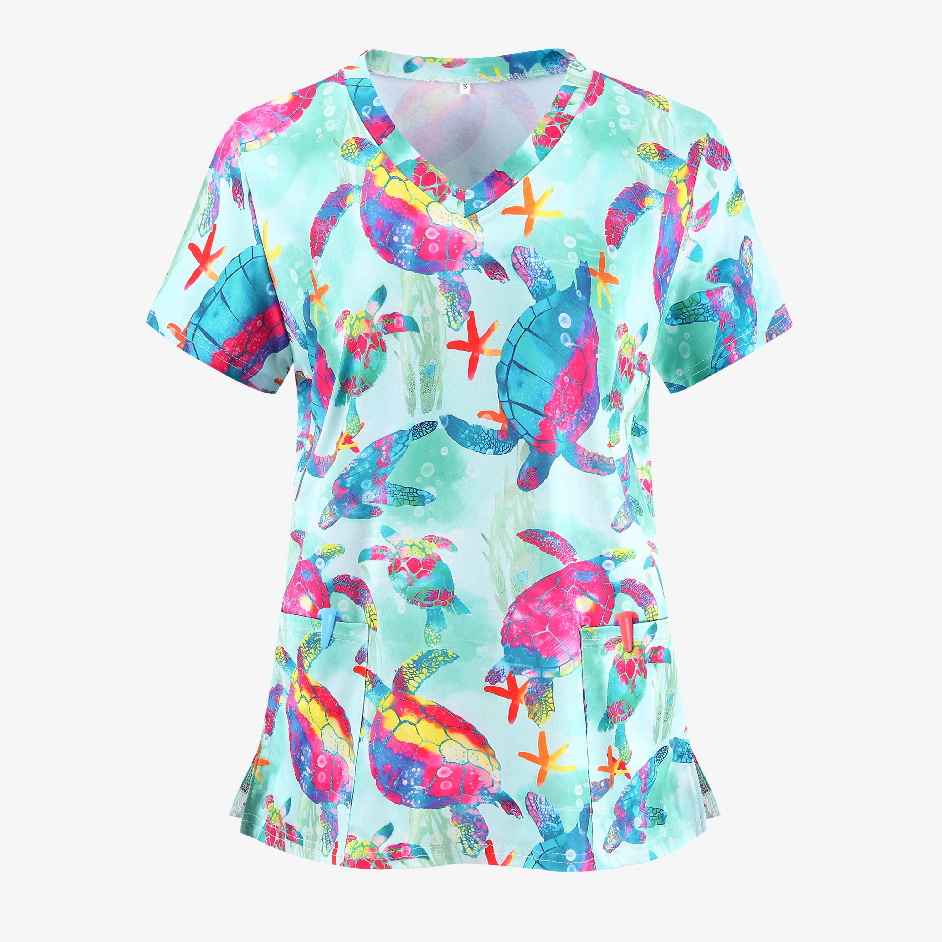 XUANSHOW Ocean Theme Women Nurse Style Scrub Top Turtle Print Short ...
