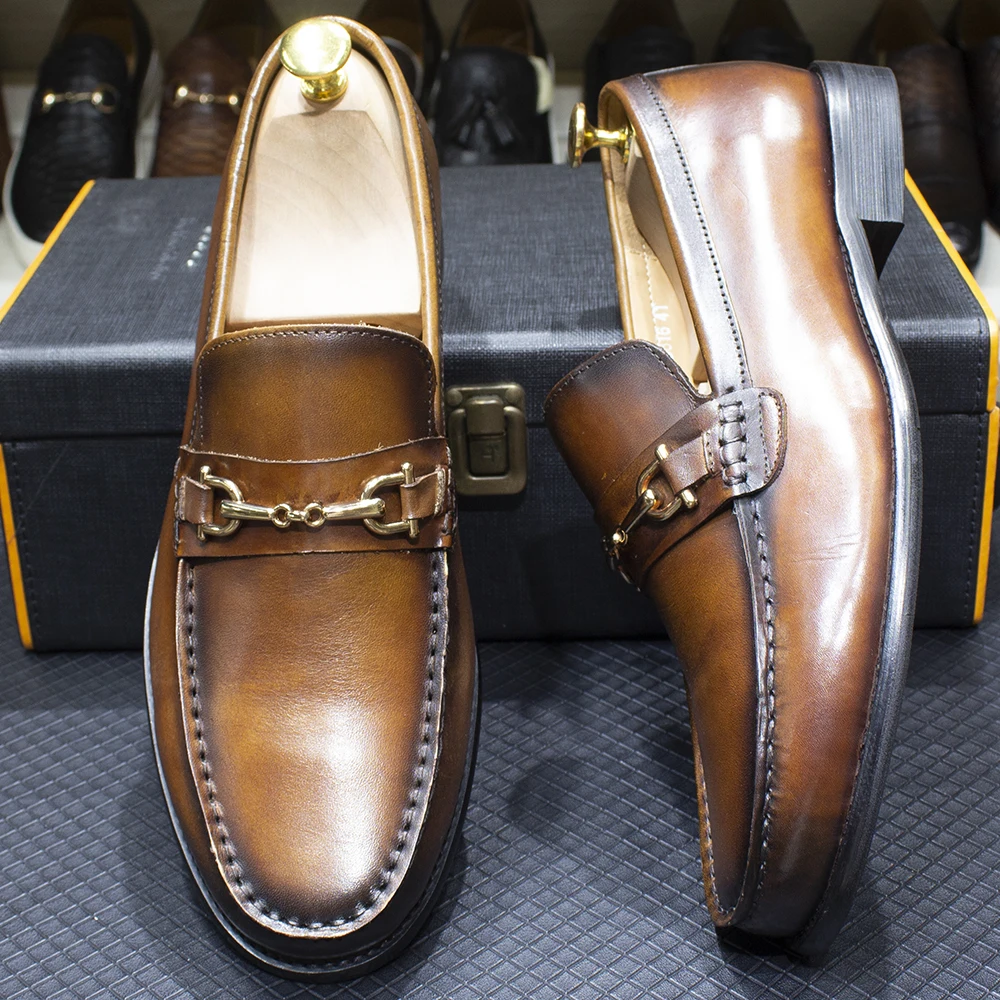 Classic-Italian-Style-Mens-Metal-Chain-Loafers-Genuine-Leather-Slip-on ...
