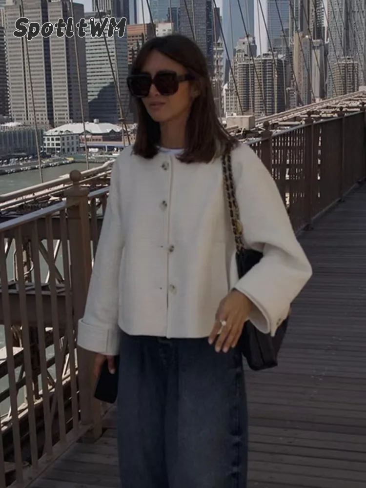 Elegant-White-O-neck-Short-Jackets-For-Women-Fashion-Long-Sleeve-Single ...