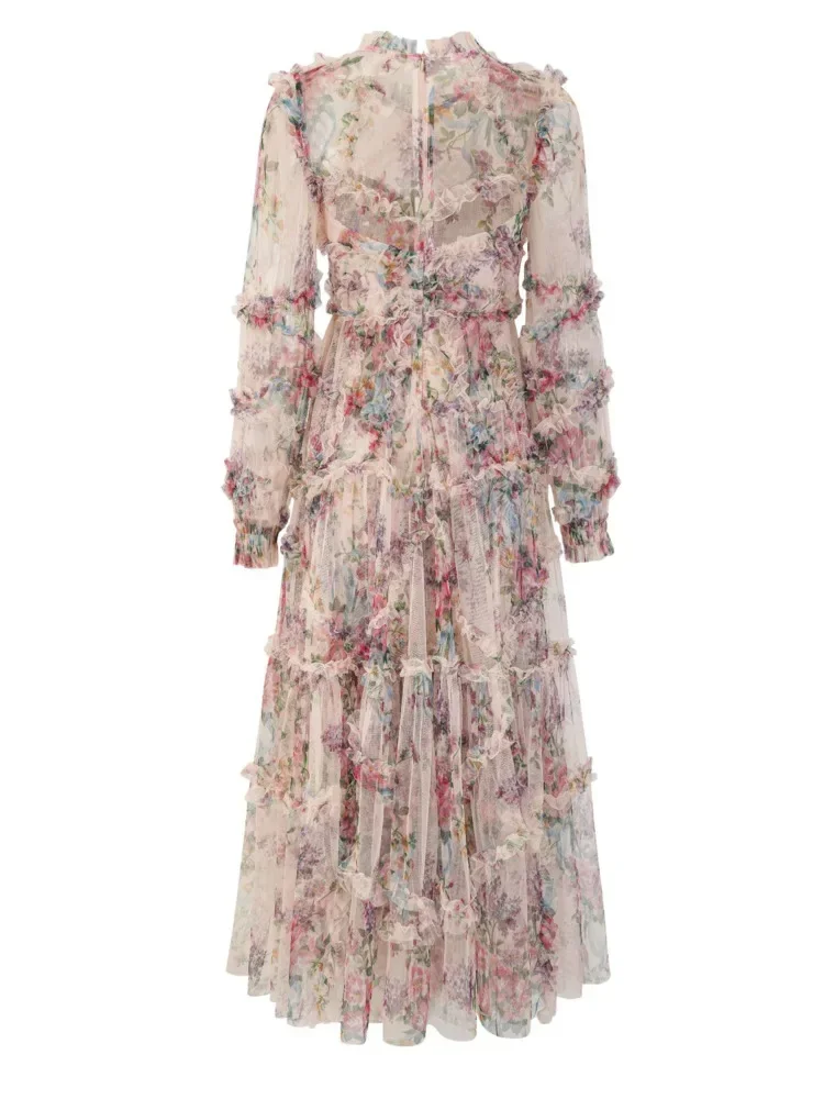 SUSU-Floral-Print-Lined-Mesh-Women-Luxury-Evening-Dress-Long-Sleeve ...