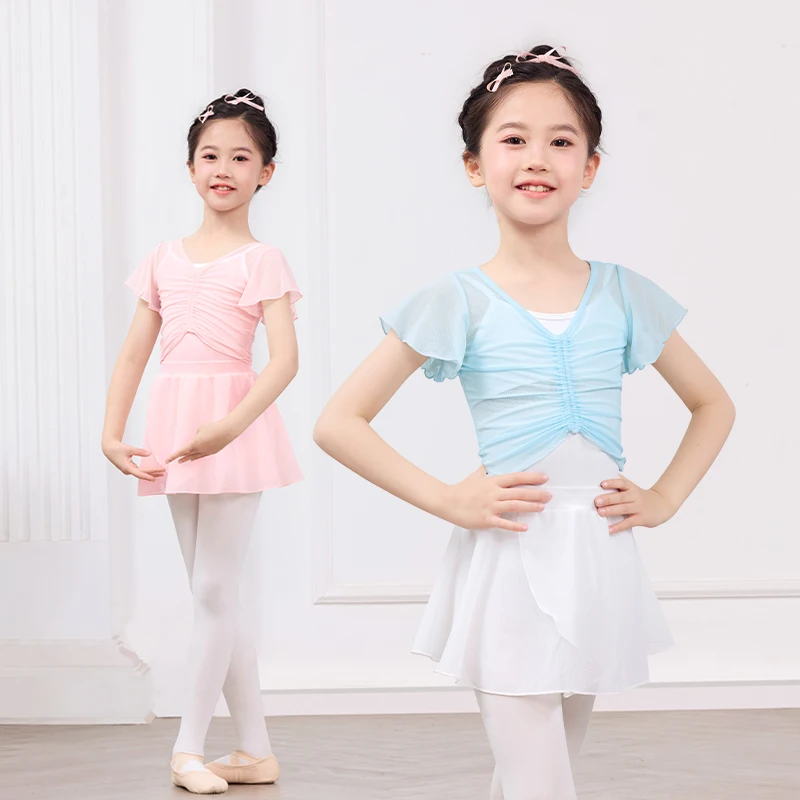 Kid Girls Nylon Ballet Dance Top with Chest Pleated Fly Short Sleeve ...