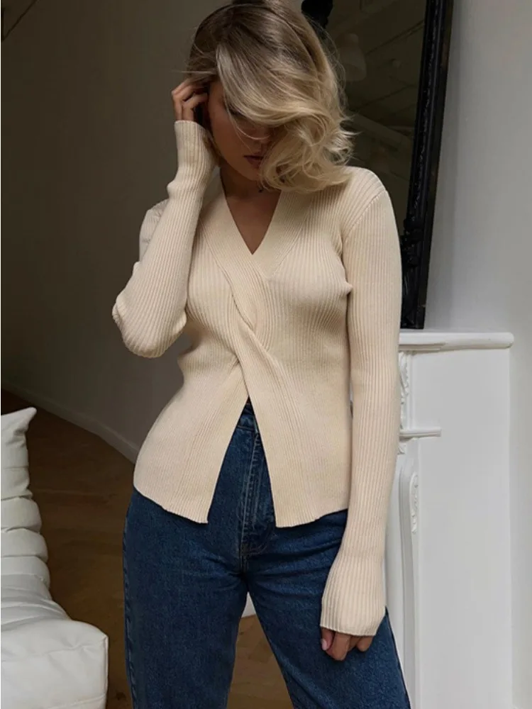 Tossy-Knit-Ribbed-V-Neck-Pullover-Sweater-For-Women-Inner-Elegant-Solid-Slim-Long-Sleeve ...