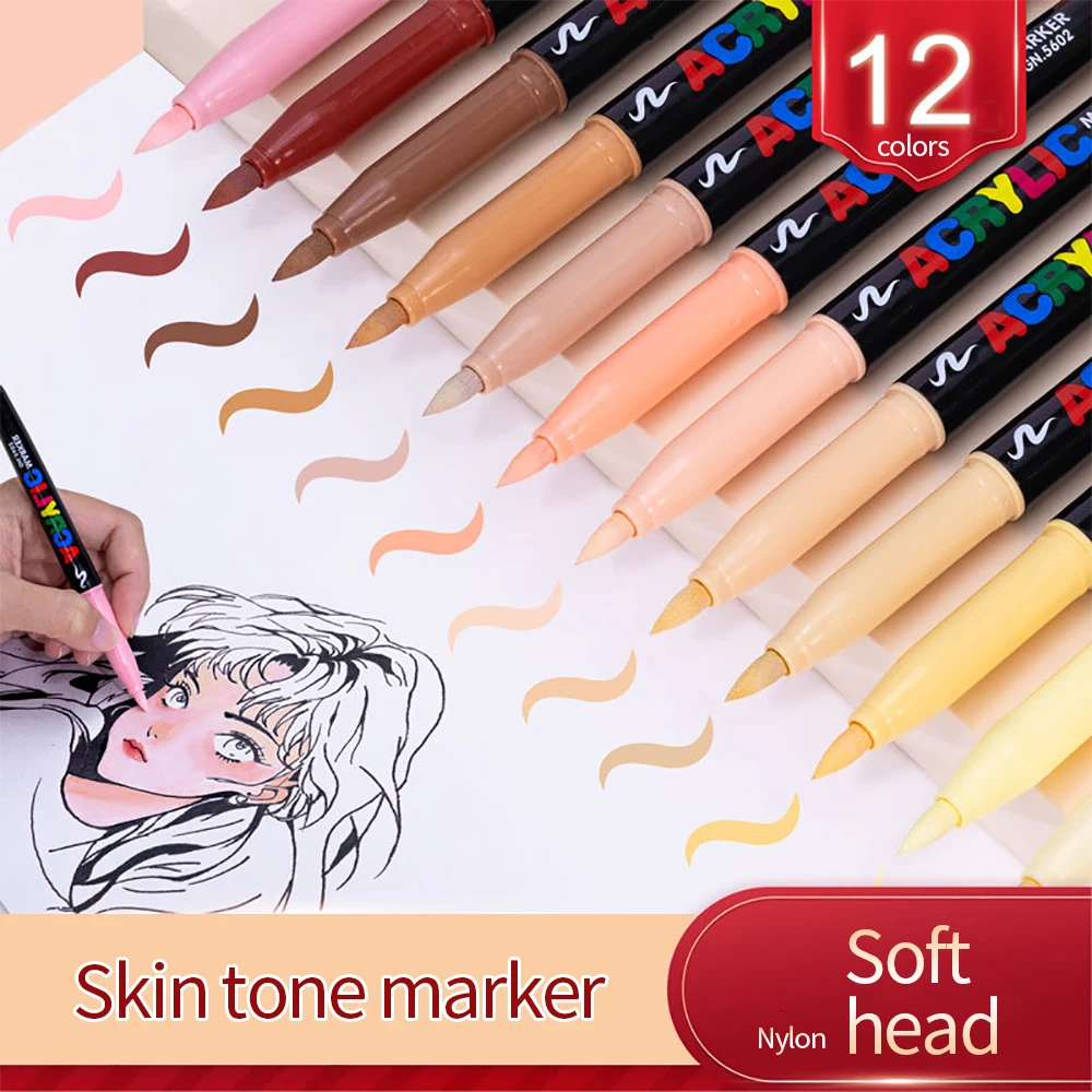 Waterproof Pen 12 Colors Skin Tone Markers Pens Nylon Soft Head Acrylic ...