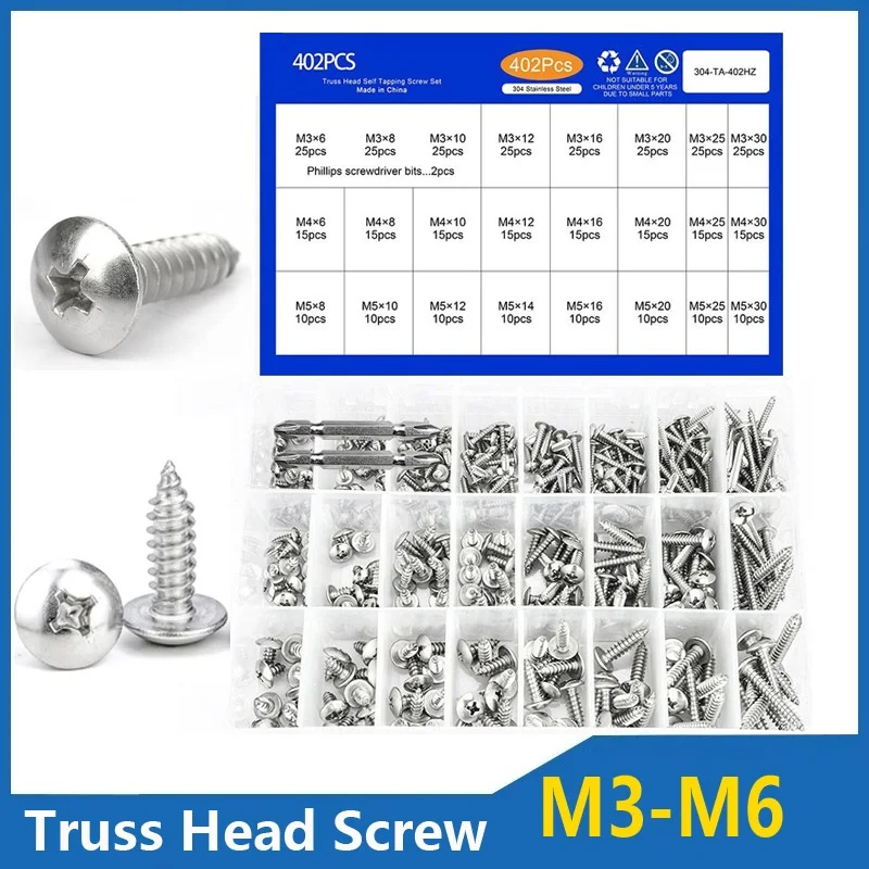 Cross Recess Truss Head Screw Set M3 M4 M5 M6 304 Stainless Steel Phillips Self Tapping Screw ...