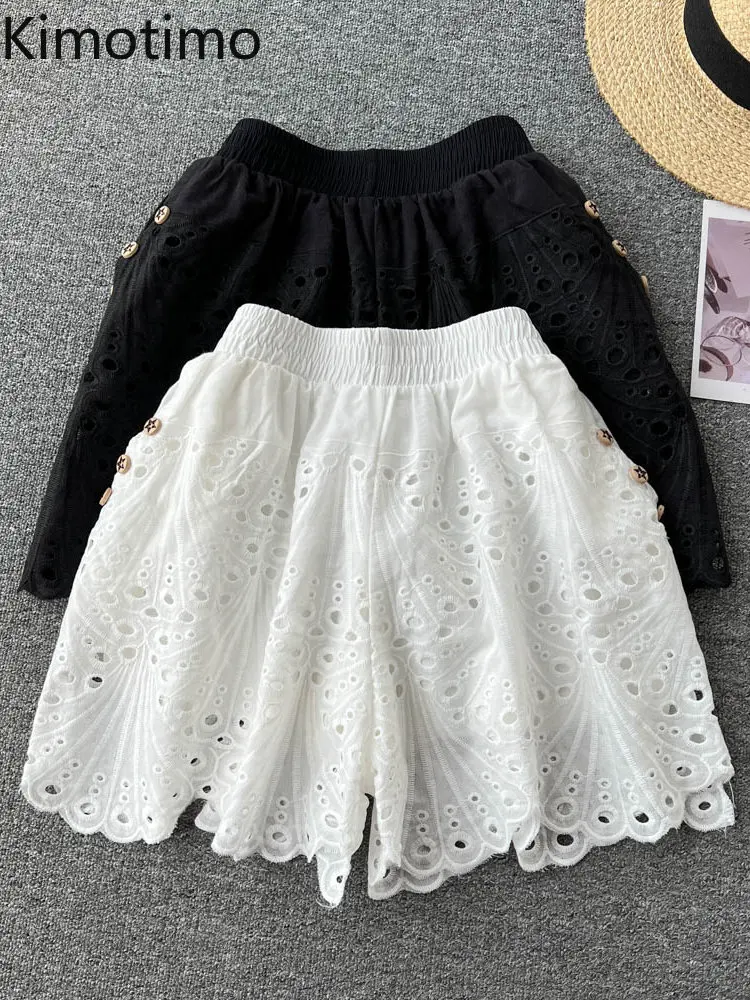 Kimotimo Hollow Out Lace Shorts Women Summer Simple Metal Button High ...
