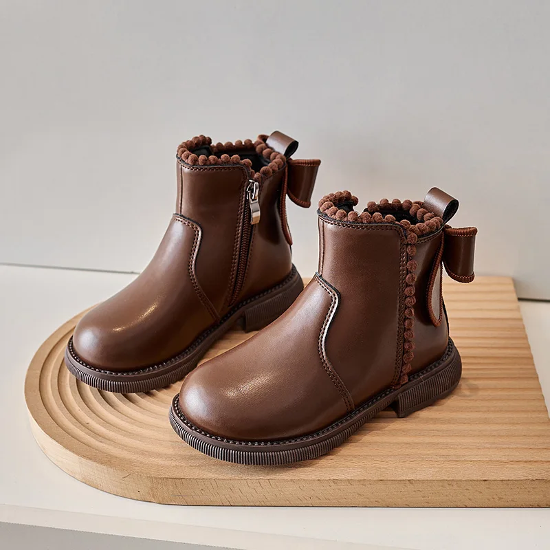 Girls-Leather-Boots-Anti-Slip-Waterproof-Side-Zipper-Winter-Flat-Heel ...