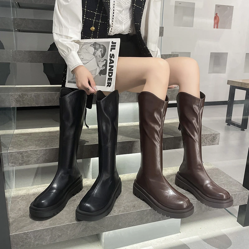 Leather-Martin-Boots-Women-s-Tall-Straight-Boots-British-Style-V-mouth ...