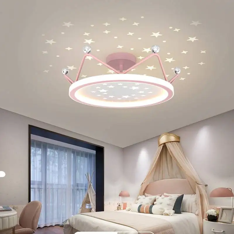 Pink Princess Room Ceiling Lamps Starry Projection Crown Lamp Modern ...