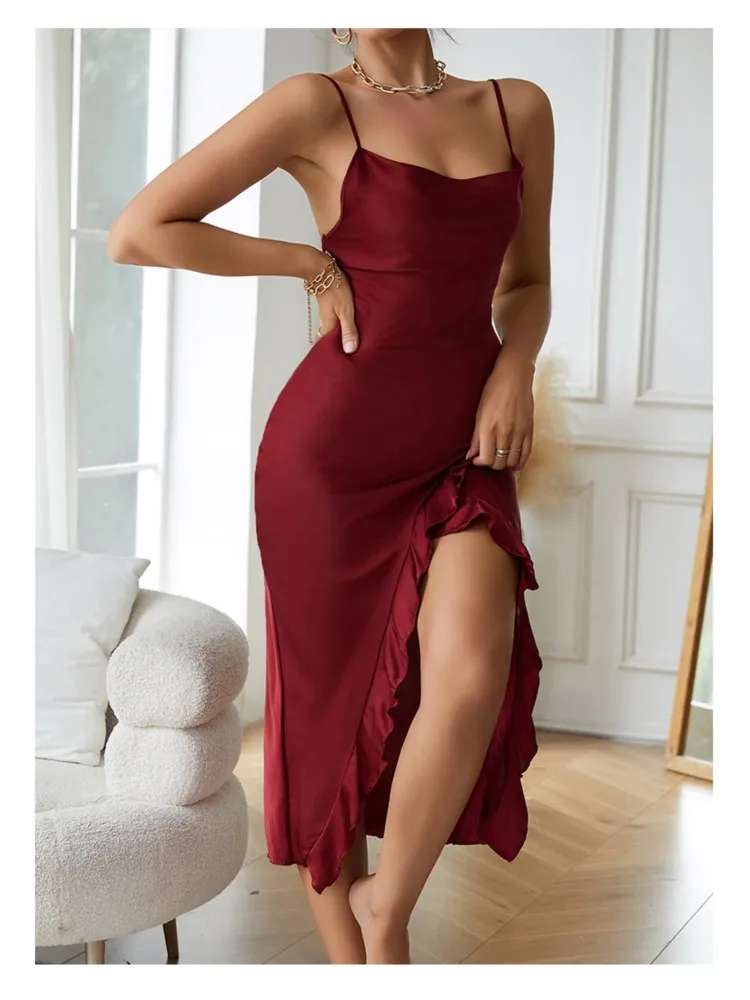 Women Elegant Ruffles Maxi Dress Summer Sexy Sleeveless Ruched Evening ...
