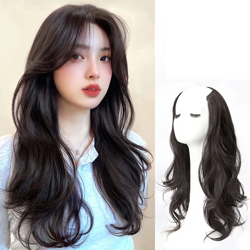 Synthetic-Women-Long-Curly-Invisible-Seamless-V-shaped-Wig-Simulated ...