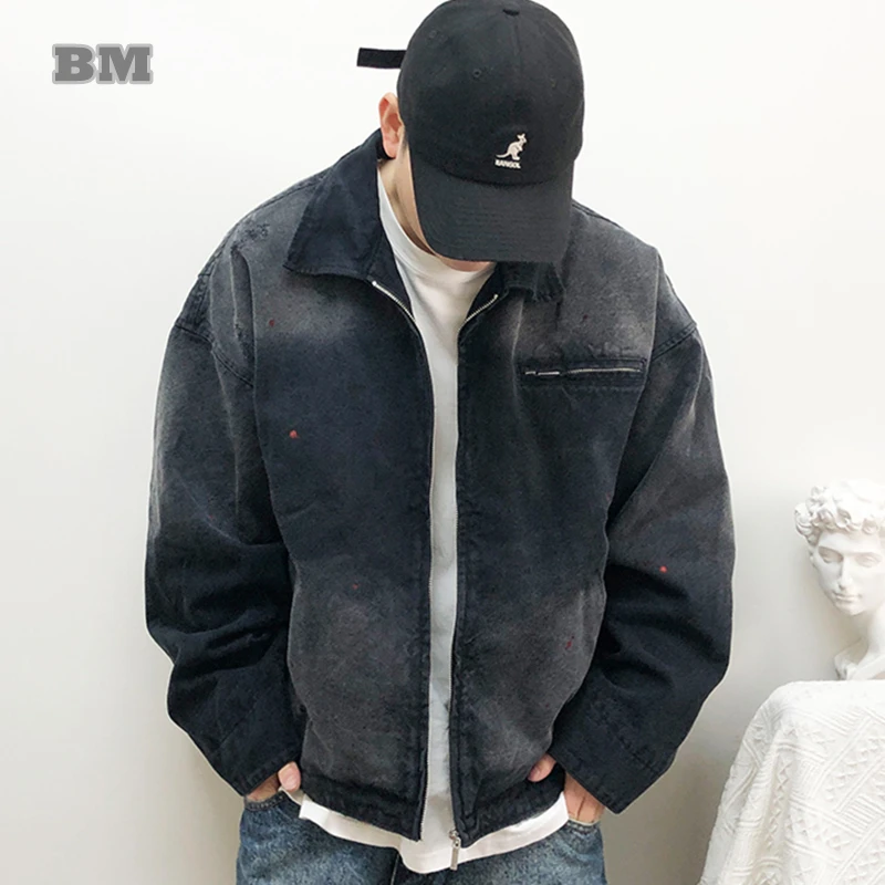 Vintage Distressed Denim Jacket Men Korean Streetwear Washed Fade Loose ...