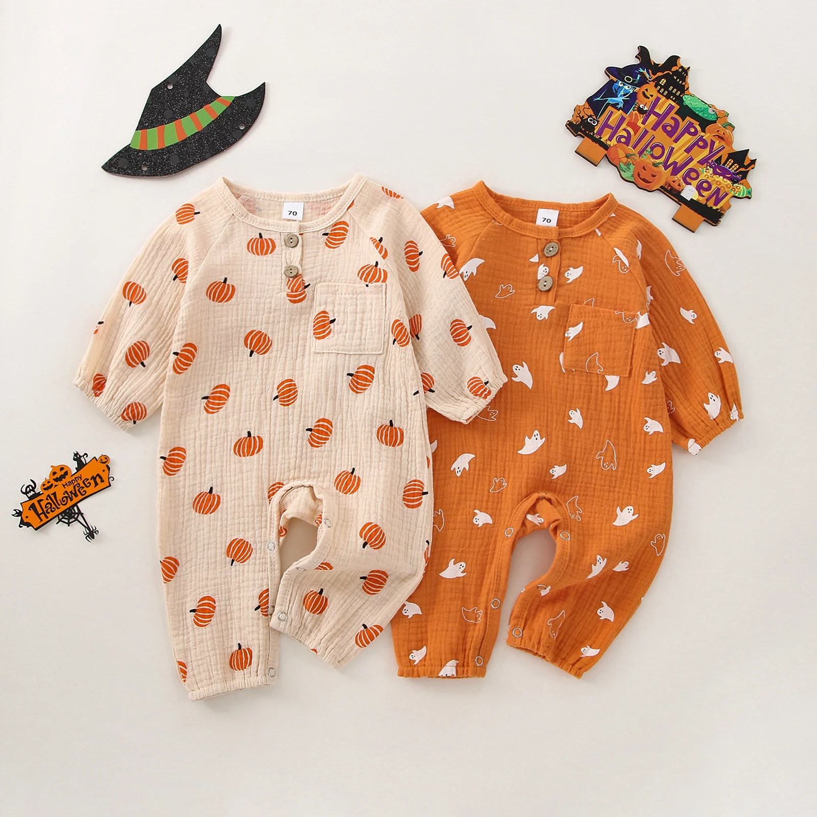 Halloween Newborn Baby Boys Girls Rompers Clothes Cotton Ghost Pumpkin Print Long Sleeve Romper ...