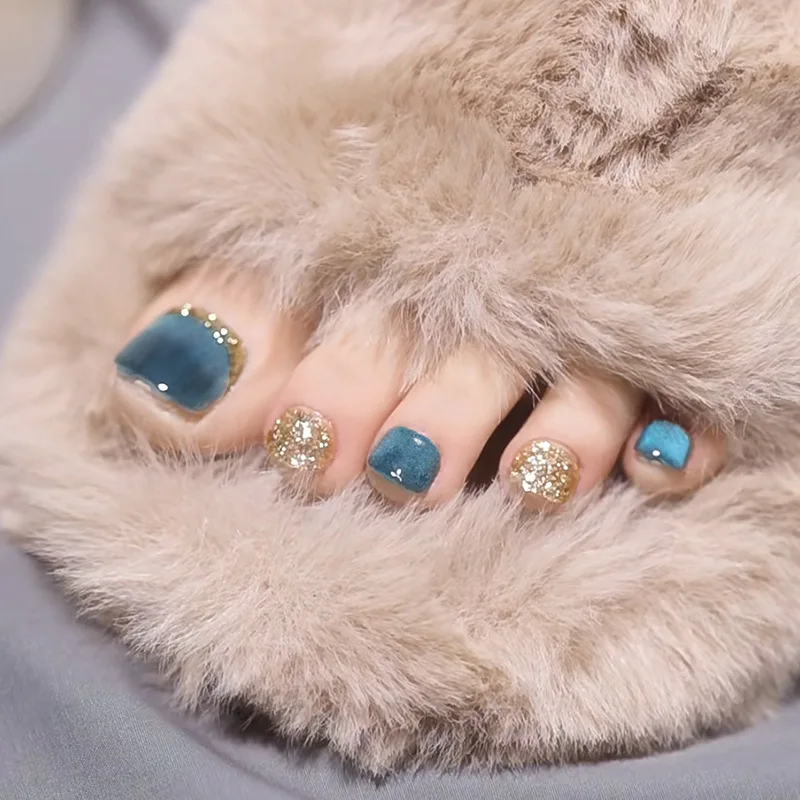 24pcs Gold Glitter Sequins False Toenails Fashion Blue Square Head ...