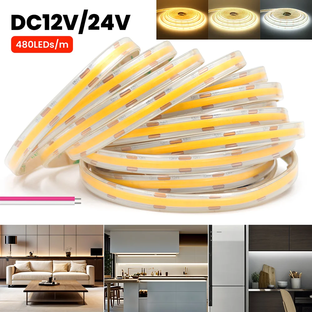 480LEDs/m COB LED Strip 12V 24V Light with 2pin Wire 3000K 4000K 6000K ...