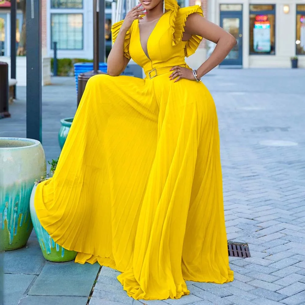 Elegant Pleated Jumpsuits & Rompers for Women V Neck Ruffles Belt ...
