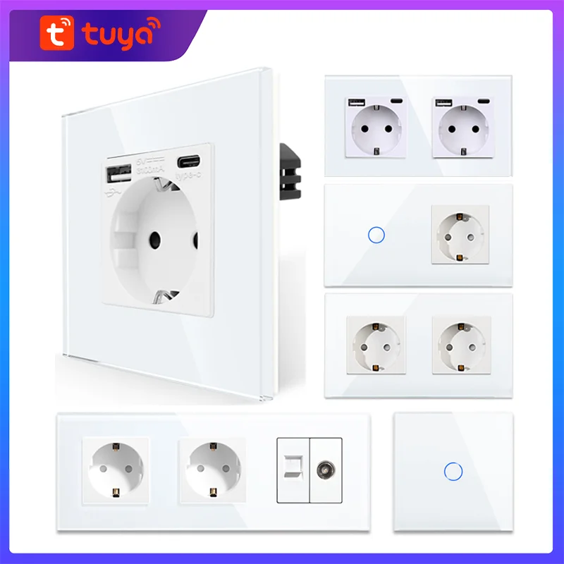 Tuya-White-Smart-Light-Switch-and-WiFi-Socket-with-Crystal-Glass-Panel ...