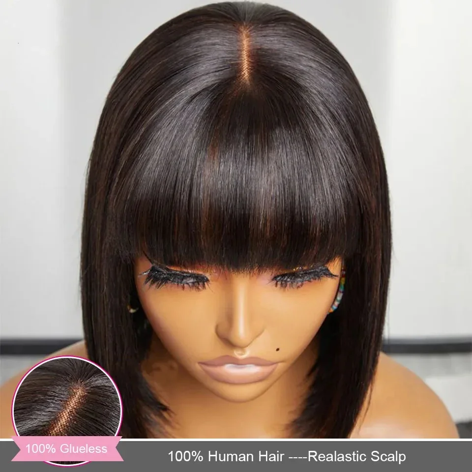 Glueless-Straight-Human-Hair-Wigs-With-Bangs-Fringe-Middle-Part-Bob ...