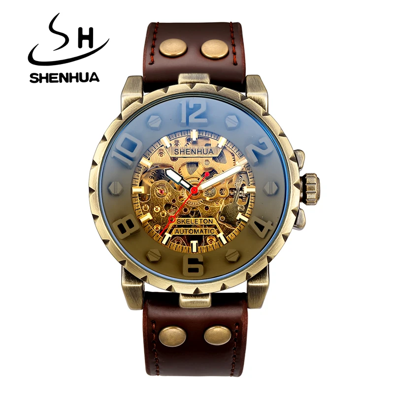 SHENHUA-Retro-Bronze-Automatic-Mechanical-Watch-Men-Skeleton-Watch ...