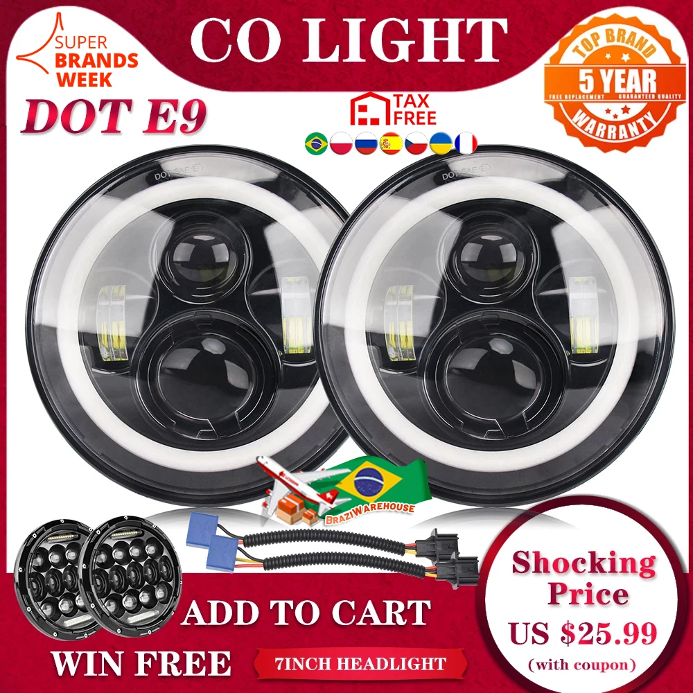 CO LIGHT 7inch LED Headlight 80W DRL Halo Angle Eyes Led Headlamp 12V ...