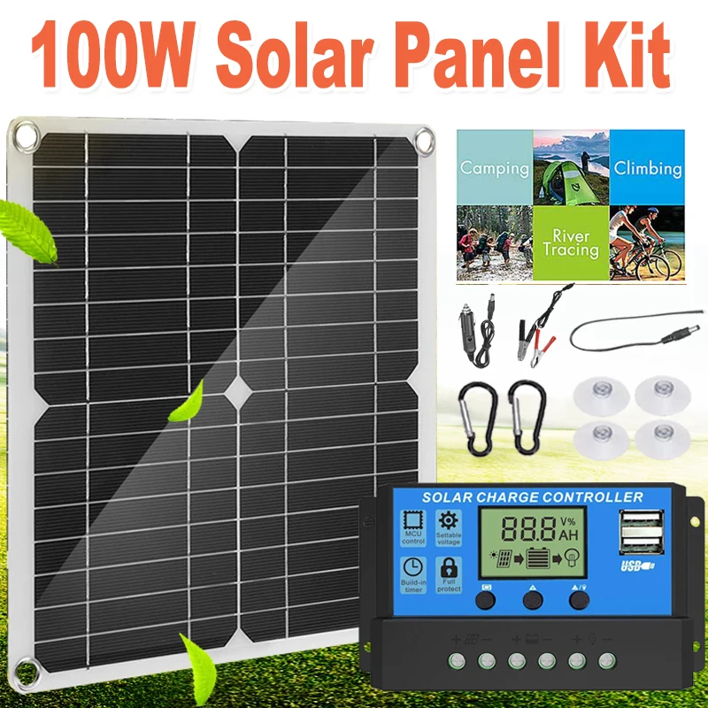 컨트롤러 포함 완전 태양 전지 패널 키트 12v 충전 배터리 더블 Usb 포트 휴대폰 Rv 자동차용 태양 전지 배터리 보조