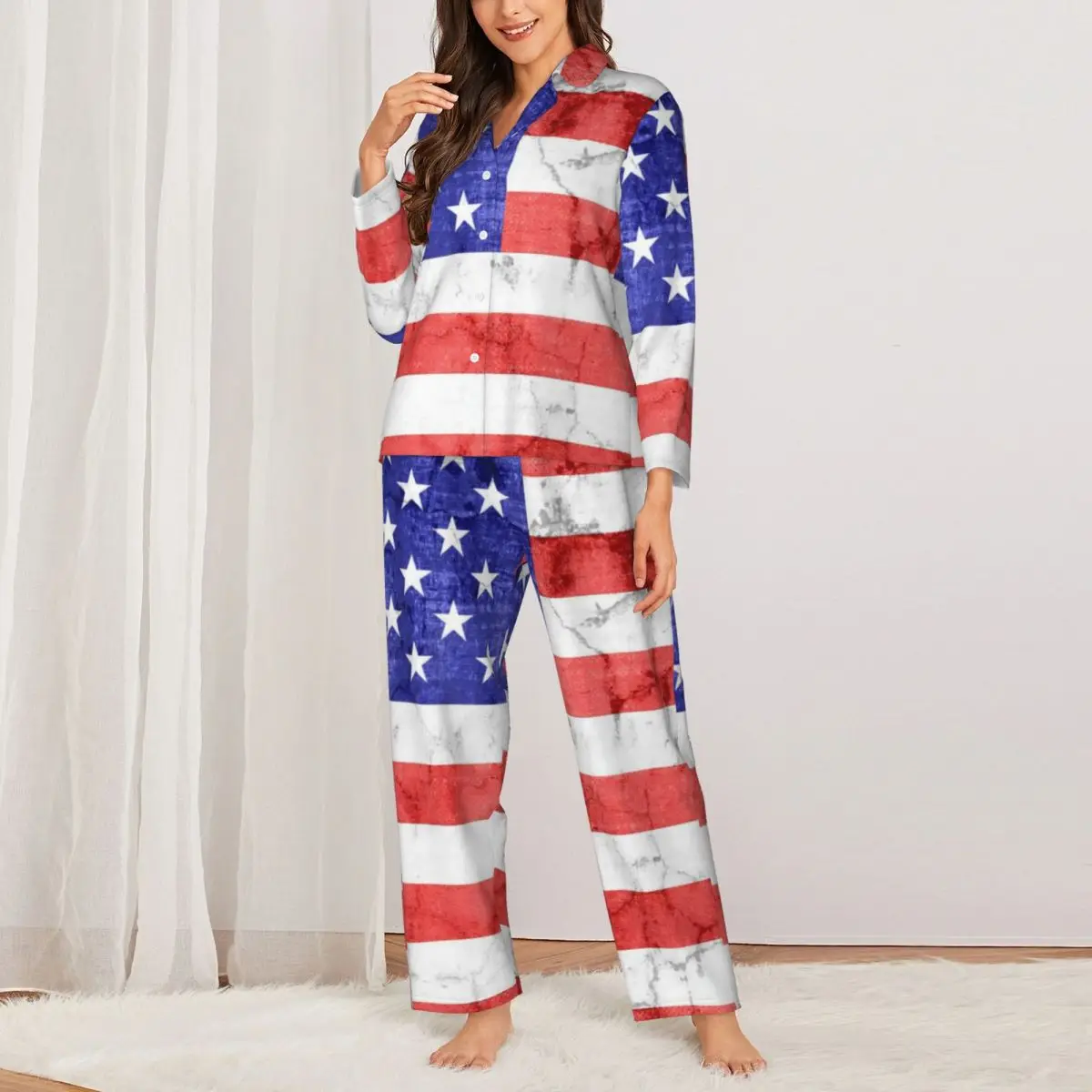 Vintage-USA-Flag-Pajamas-Set-American-Blue-Stars-Print-Romantic ...