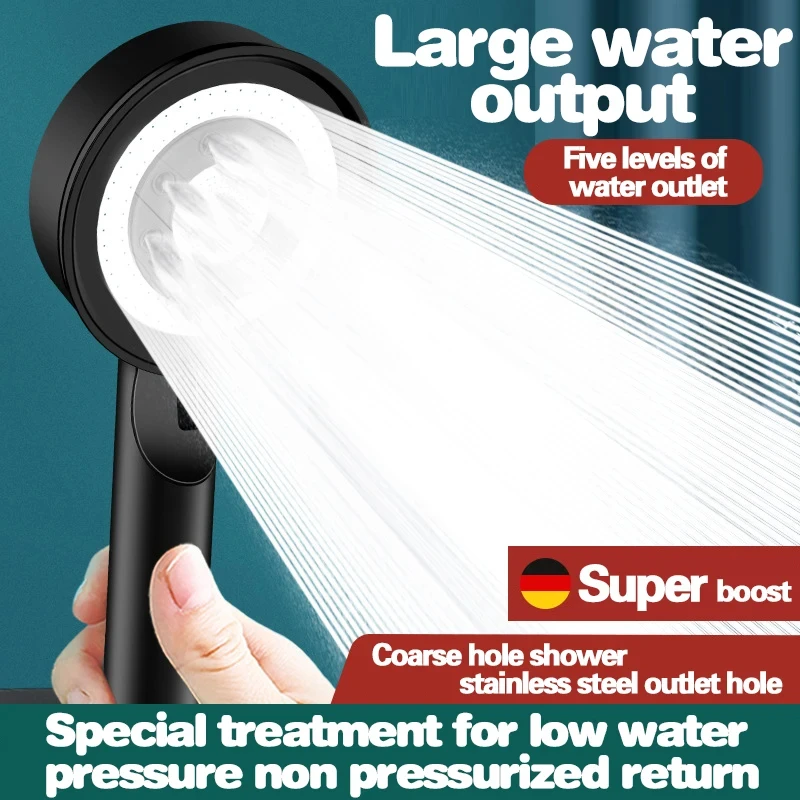 Black-Silver-Shower-Head-High-Pressure-5-Modes-Water-Saving-Nozzle ...