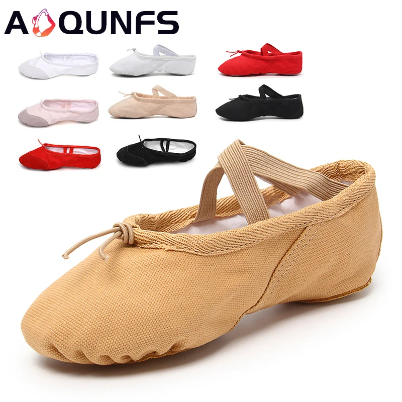 Aoqunfs 여자 발레 신발 캔버스 소프트 솔 발레 댄스 슬리퍼 플랫 어린이 키즈 연습 발레리나 신발 여성 댄스 신발