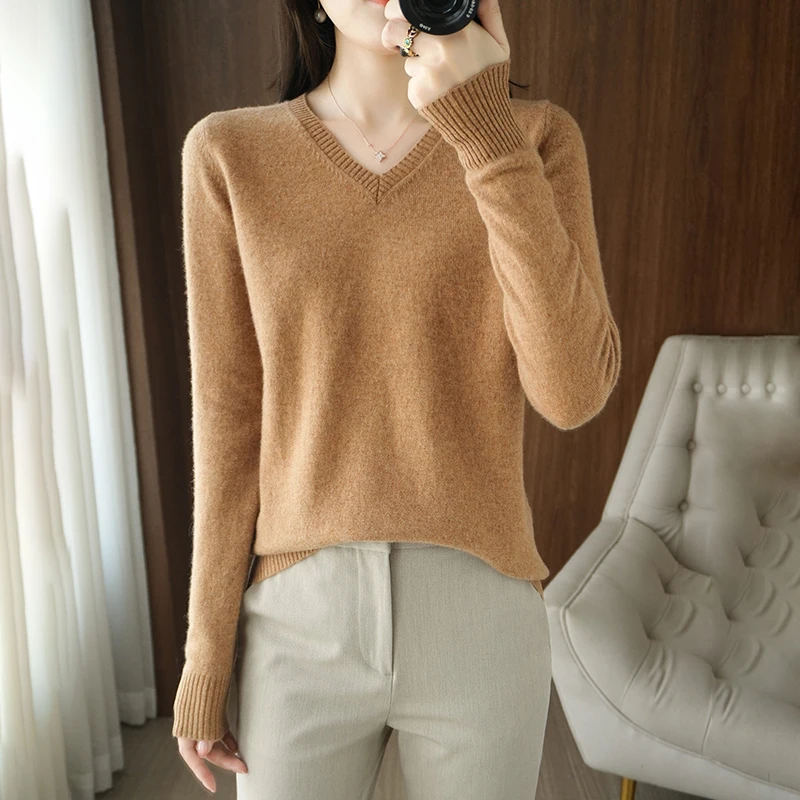Autumn-And-Winter-Cashmere-Sweater-V-Neck-Pullover-Women-s-Solid-Color ...