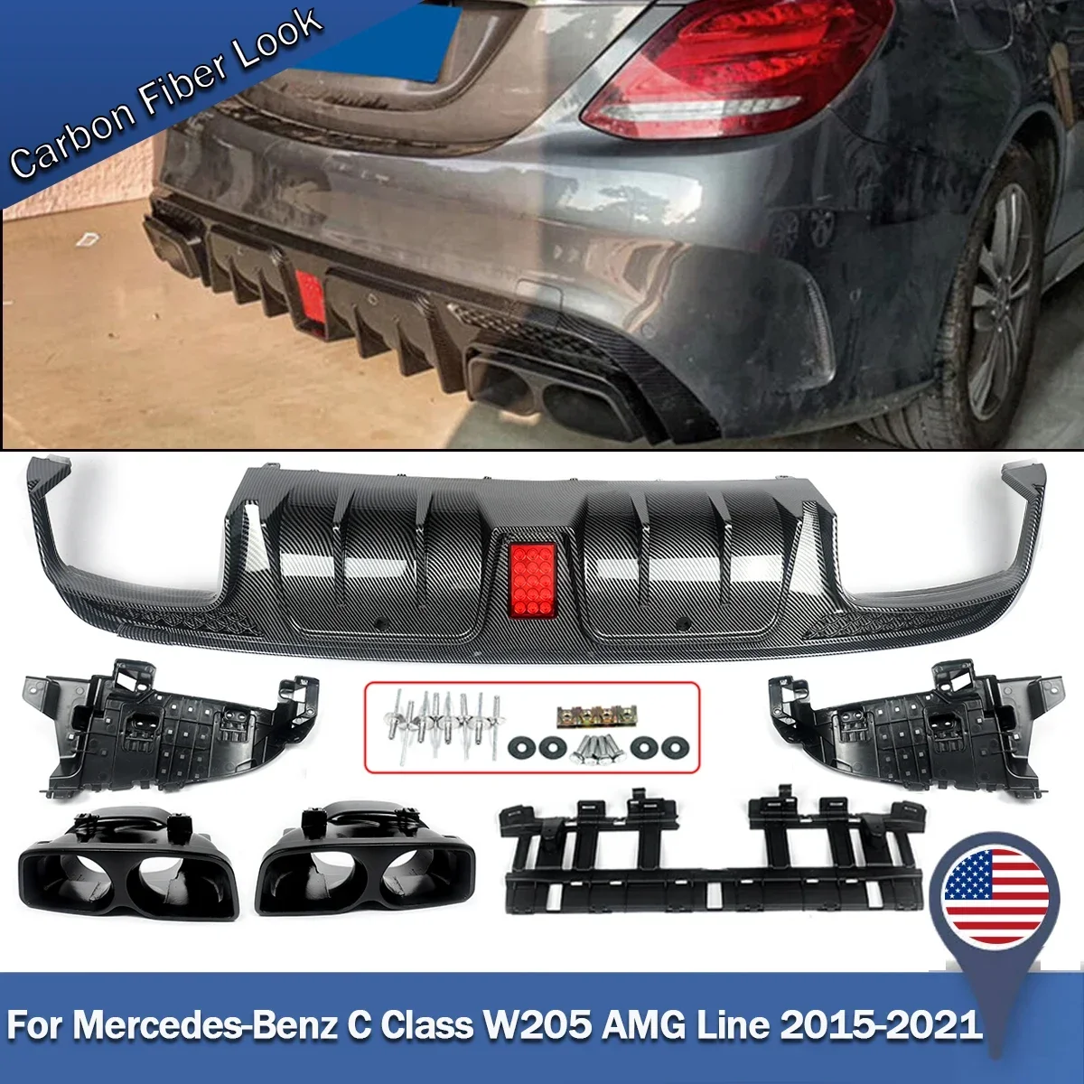 carbon-look-Rear-Lip-Diffuser-Led-Light-with-Exhaust-Tips-for-Benz-C ...